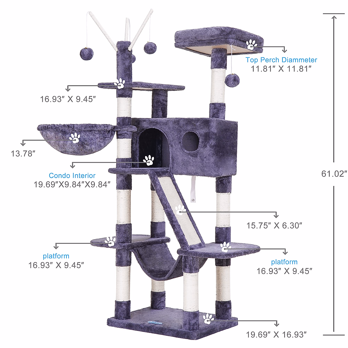 Hey-brother Cat Tree, 61 inch Cat Tower for Indoor Cats, Cat House with Padded Platform Bed, Toy Balls, Large Cozy Condo, Hammocks and Sisal Scratching Posts, Smoky Gray MPJ019G