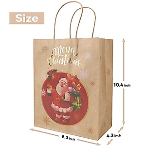 Qirrmiy 24-Pack 10.4” Medium Christmas Gift Bags with Handles, Kraft Brown with Santa Claus, Snowman, Gifts, Gingerbread man, Reindeer, Trees for Gifts, Decorations, Holiday Party, 24 Pcs