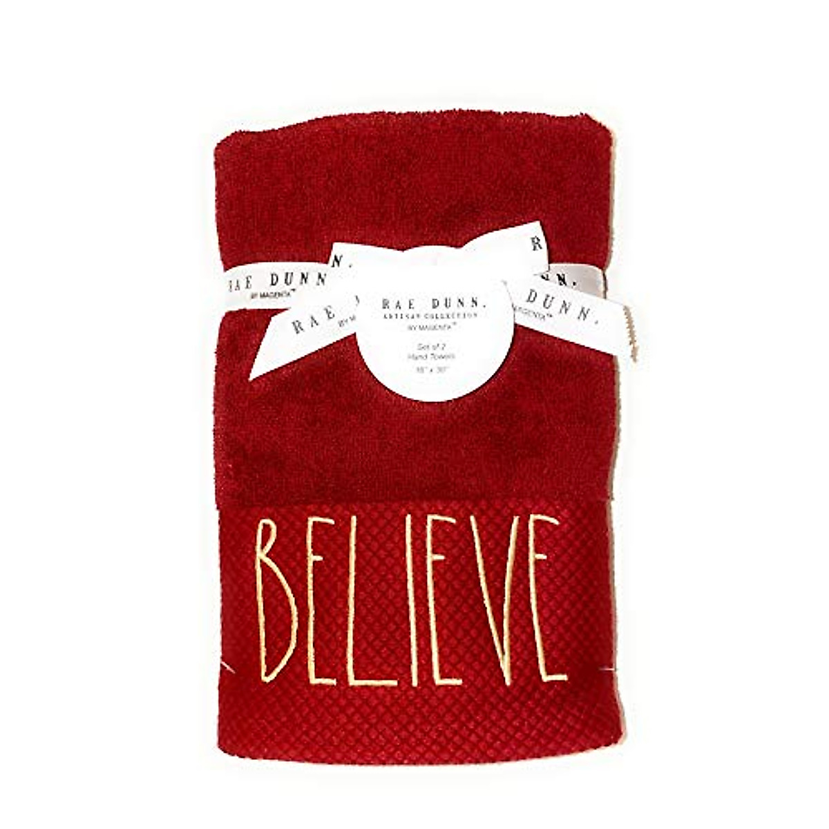 Rae Dunn Set of 2 Embroidered Believe Red Hand Towels for Christmas Bathroom Decor, Christmas Hand Towels, Christmas Decorations