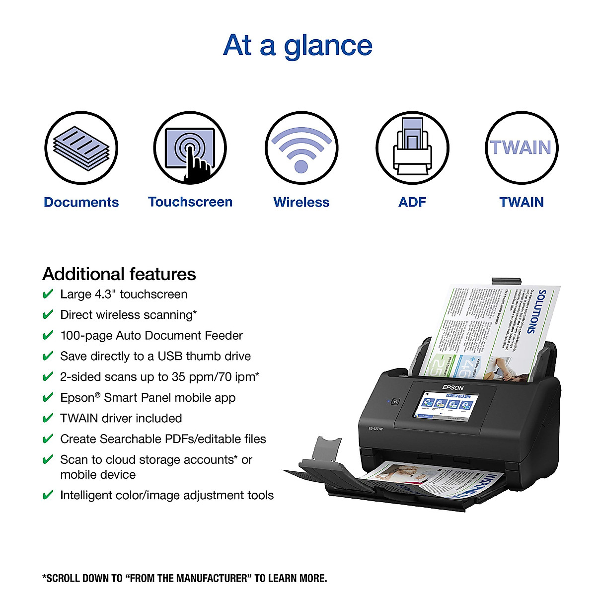 Epson Workforce ES-580W Wireless Color Duplex Desktop Document Scanner for PC and Mac with 100-sheet Auto Document Feeder (ADF) and Intuitive 4.3" Touchscreen. Full 1-Year Limited Warranty (Renewed)