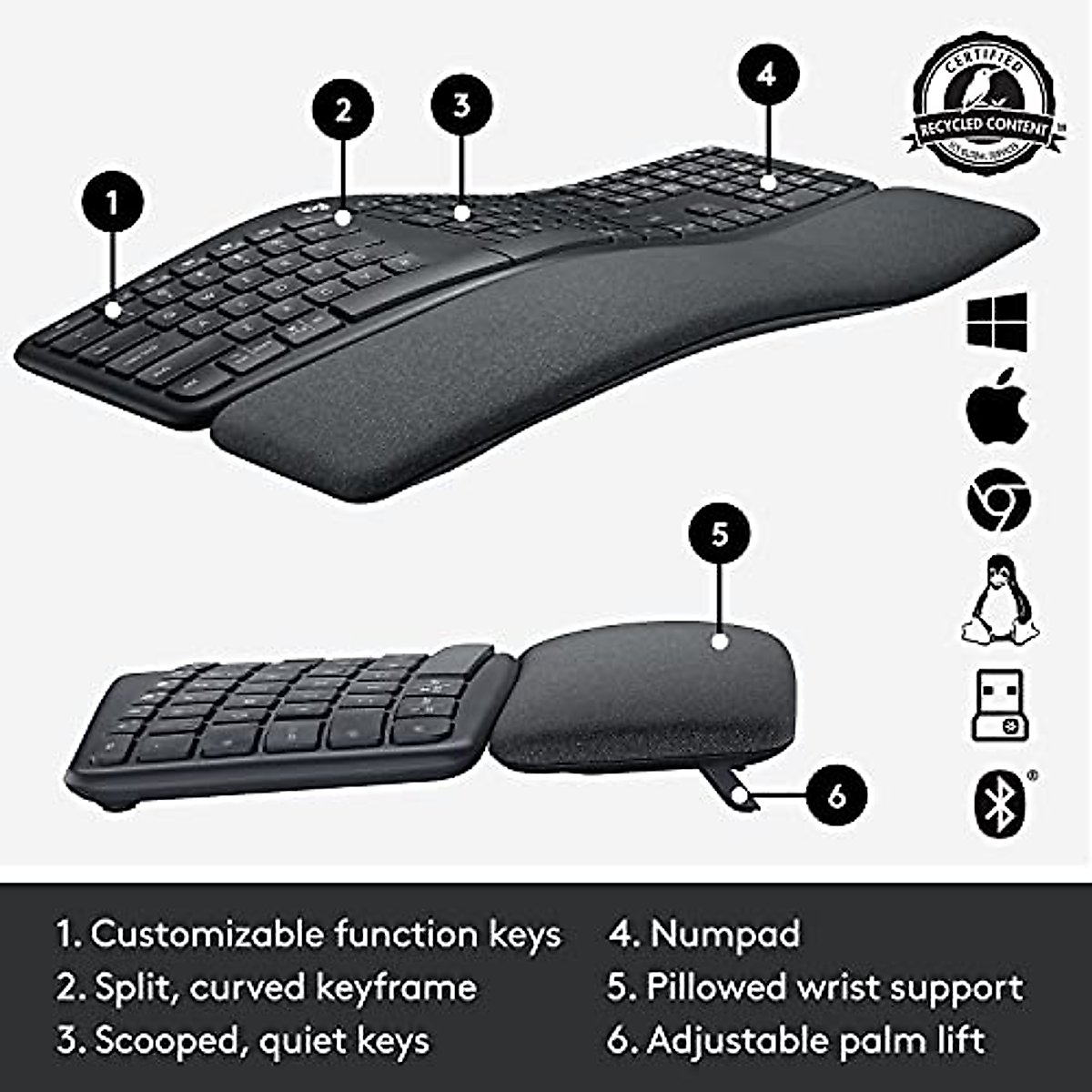 Logitech ERGO K860 Wireless Ergonomic Keyboard - Split Keyboard, Wrist Rest, Natural Typing, Stain-Resistant Fabric, Bluetooth and USB Connectivity, Compatible with Windows/Mac