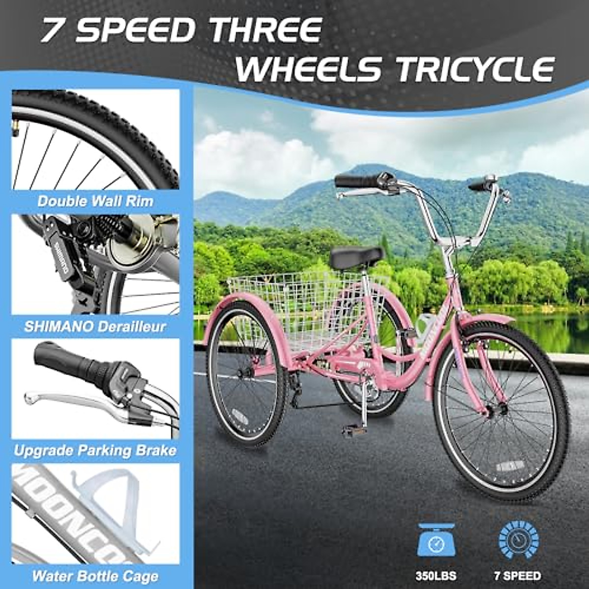 Slsy Adult Tricycles 7 Speed, Adult Trikes 20/24/26 inch 3 Wheel Bikes, Three-Wheeled Bicycles Cruise Trike with Shopping Basket for Seniors, Women, Men.