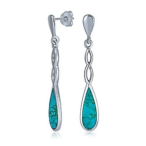 Linear Infinity Spiral Twist Teardrop Blue Turquoise Long Dangle Earrings Western Style For Women Teens .925 Sterling Silver