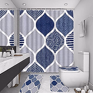 ALEXEX 4Pcs Boho Shower Curtain Sets, Geometric Shower Curtain Sets with Rugs, Bath Mat, U Shape and Toilet Lid Cover Mat, Blue White Shower Curtain with 12 Hooks for Bathroom Set Decor(72 x 72 Inch)