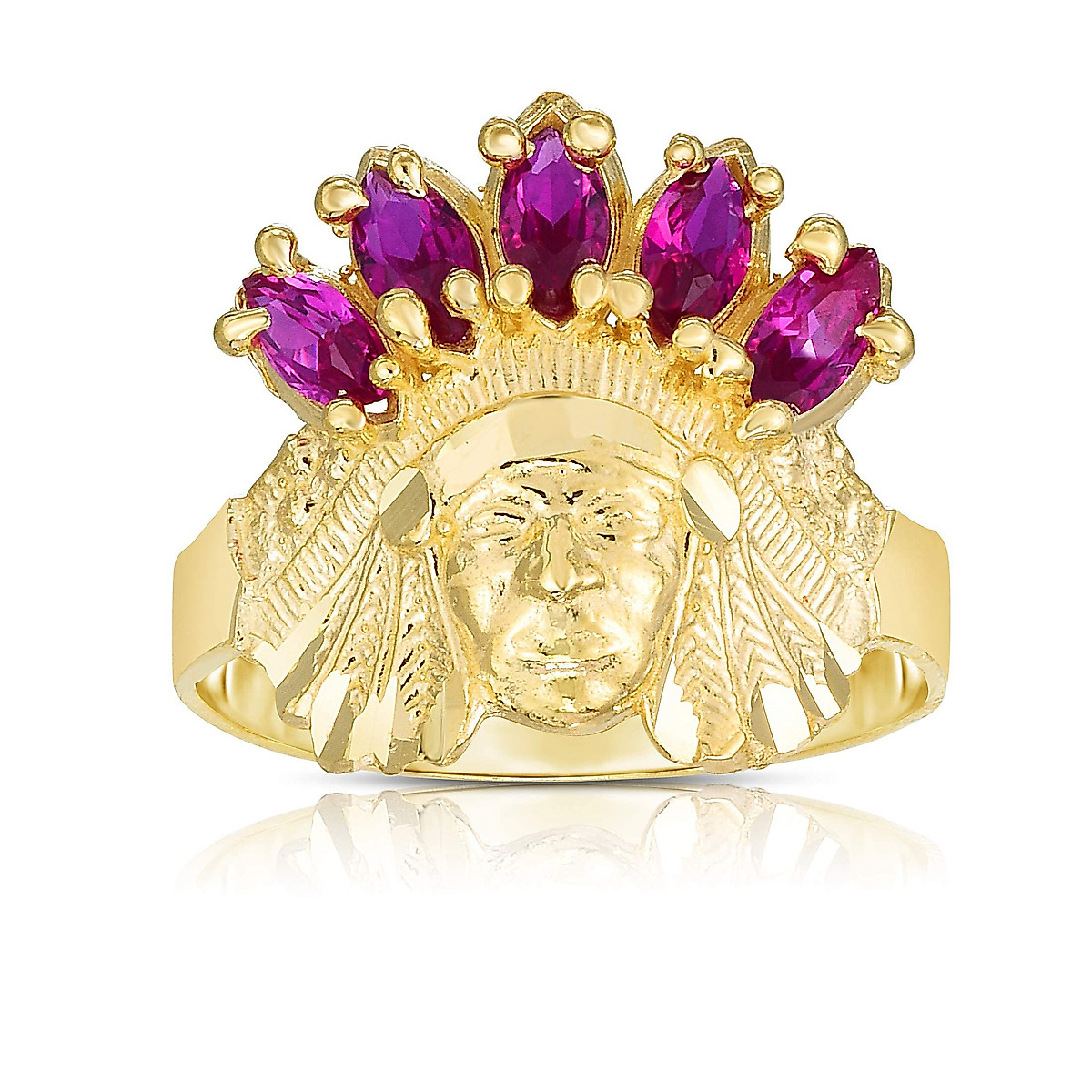 Floreo 10k Yellow Gold 16mm Indian Tribal Chief Head CZ Ring (Rube red color Gemstone, Size 7.5)