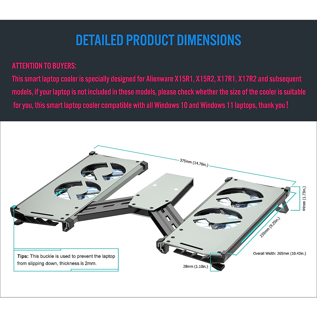 Smart Laptop Cooling Pad 15"-17" Cooler Pad, Compatible with Alienware X15R1, X15R2, X17R1, X17R2 (LTC-AWU-X1)