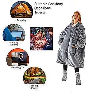Shellconch Oversized Wearable Blanket Hoodie.Sherpa sweatshirt blanket has hats, zippers suitable men and women as gifts (GREY)