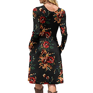 DB MOON Women Casual Long Sleeve Dresses Empire Waist Loose Dress with Pockets (Brown Floral Black, M)