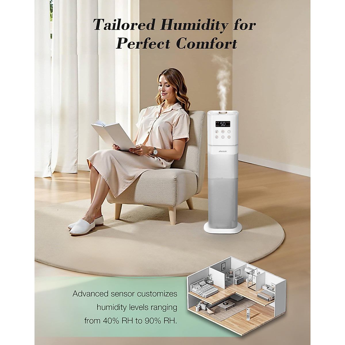 akacozie Humidifier Large Room Home Bedroom, 2.1Gal/8L Top Fill, Cool Mist Humidifiers for Bedroom with Essential Oil Diffuser, 360 Nozzle and Extended Tube for Indoor Plant, Whole House, Baby, Quiet