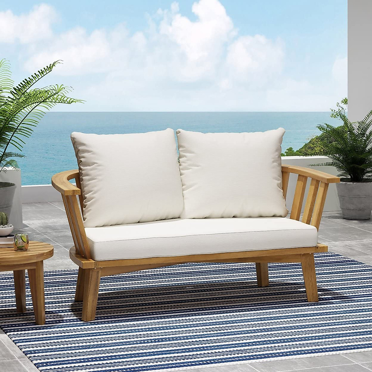 Christopher Knight Home Ingrid Outdoor Wooden Loveseat with Cushions, White and Teak Finish