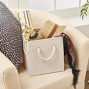 EZOWare Set of 4 Bamboo Fabric Storage Bins with Cotton Rope Handle, 10.5 x 10.5 x 11 inch Foldable Organizer Basket Cube Boxes for Nursery Toys– Beige