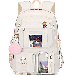 Laptop Backpacks 16 Inch School Bag College Backpack Large Travel Daypack Kawaii Bookbags for Teens Girls Women Students (Off-white)