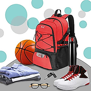 WOLT | Basketball Backpack Large Sports Bag with Separate Ball holder & Shoes compartment, Best for Basketball, Soccer, Volleyball, Swim, Gym, Travel (Red)