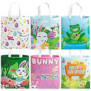 JOYIN 12 Pcs Easter Tote Bags, 17"x15" Canvas Creamed Tone Gift Kraft Treat Goodie Reusable Grocery Bags and Basket with Handles for Easter Egg Hunt Party Favors