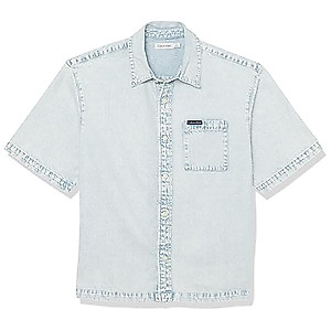 Calvin Klein Men's Short Sleeve Button Up Camp Shirt, Voyager