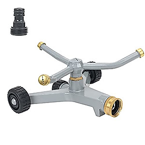 STYDDI Metal Rotating Water Sprinkler for Yard, Heavy Duty Metal 3-Arms 360 Degree Automatic Rotary Lawn Sprinkler with Wheeled Base for Outdoor Lawn and Garden, Yard