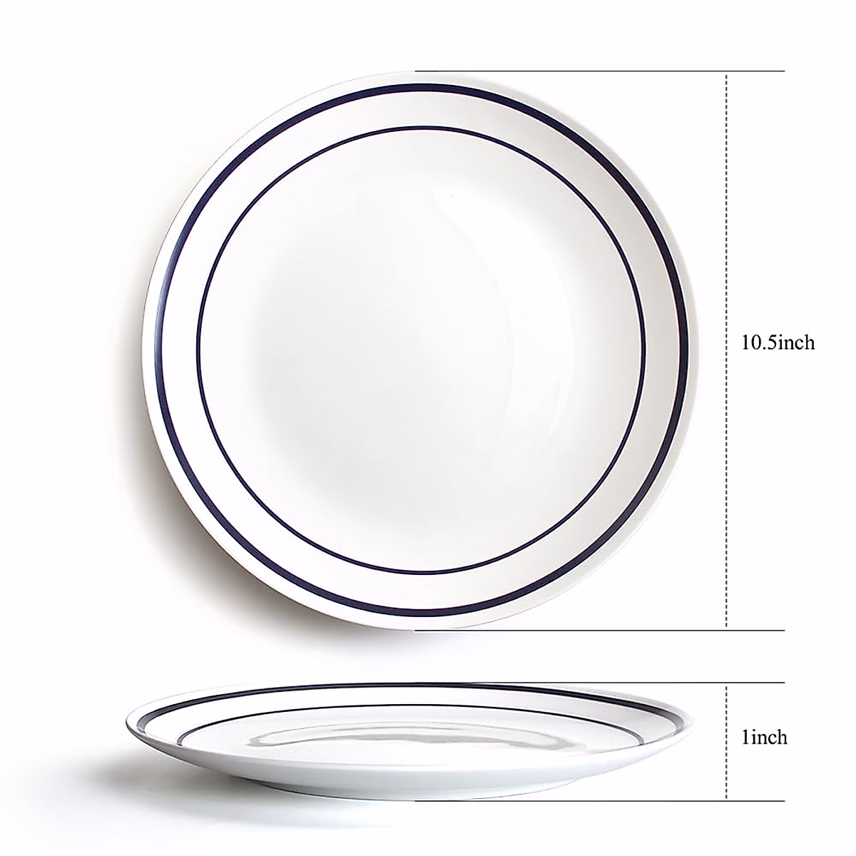 YFWOOD Ceramic Dinner Plates Set Of 6, 10.5 Inch Kitchen Dish Set, Contemporary Round Porcelain Tablewar,Microwave,Dishwasher and Oven Safe, Scratch Resistant Deep Plates - White & Blue Double Line
