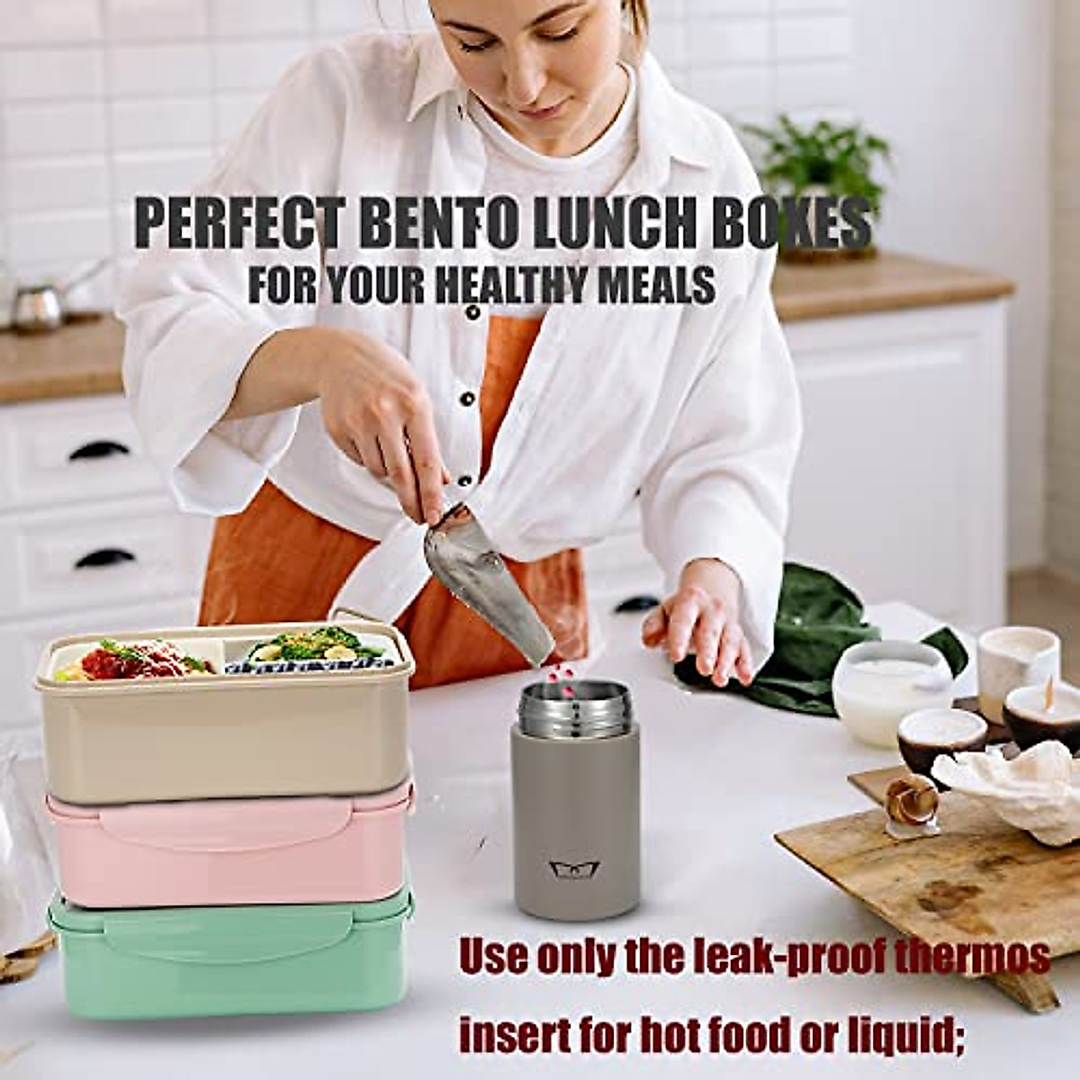 Mr.Dakai Bento Box for Kids Adults Lunch Box Containers & Leak-proof Insulated Hot Thermoses Food Jar Soup Container - BPA-Free Salad Snack Boxes with Spoon Fork/Bag, Microwave Safe, Khaki