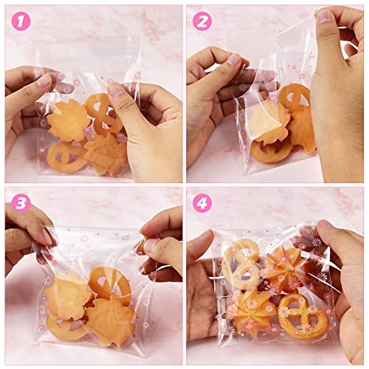 200pcs Small Self Adhesive Treat Bags Decorated Cookie Bags Resealable Treat Bags Heart Cellophane Plastic Individual Candy Bags for Wedding Valentine's Day Birthday Party 3.94" x 3.94"