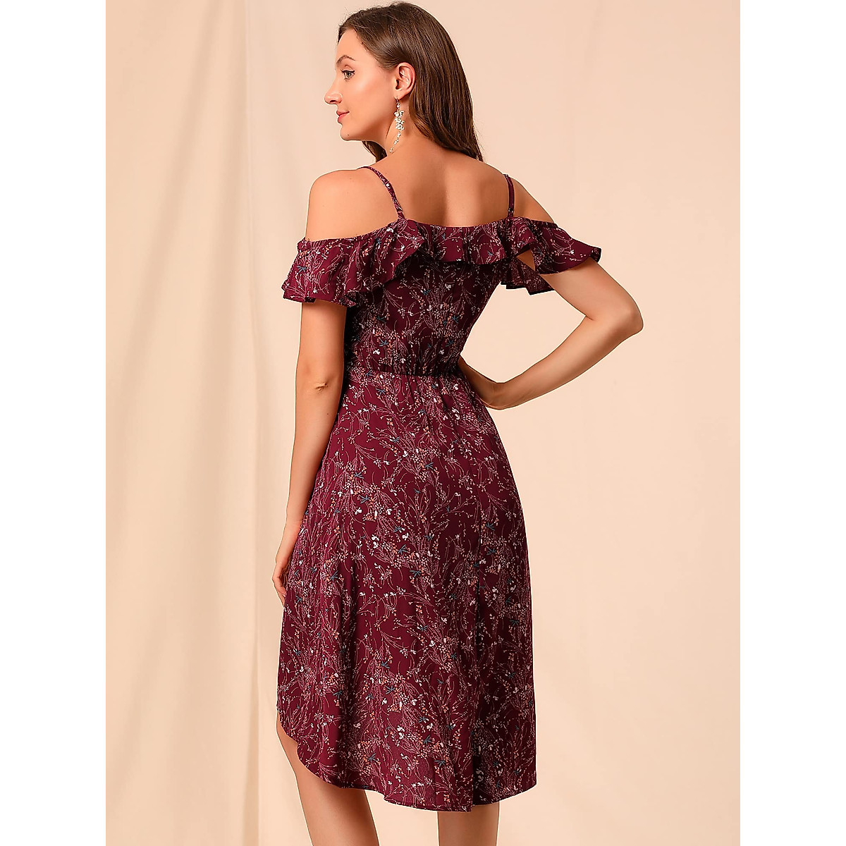 Allegra K Women's Spaghetti Strap Ruffled Sleeves Asymmetrical High Low Floral A-Line Midi Dress Large Wine Red