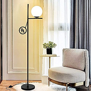 DLLT Modern LED Sphere Floor Lamp-9W Frosted Glass Globe Standing Lamps for bedroom, Energy Saving Mid Century Tall Pole Standing Accent lighting for Living Room, Office, Bedroom, Black