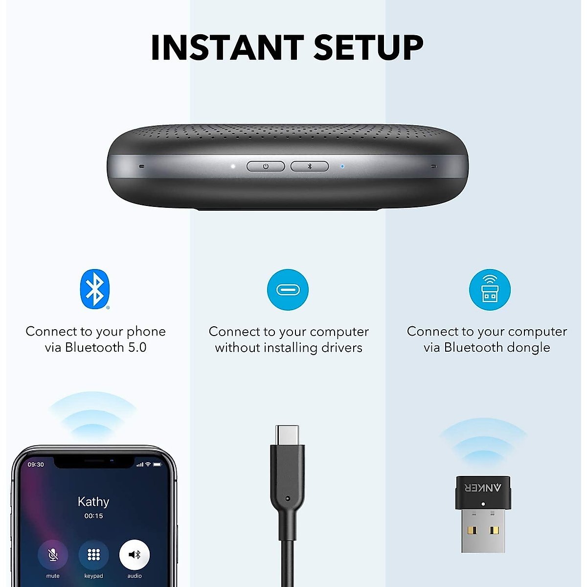Anker PowerConf+ Bluetooth Speakerphone for Conference Calls, Bluetooth Dongle, 6 Mics, Enhanced Voice Pickup, 24H Call Time, Bluetooth 5, USB C, for Home Office, Compatible with Leading Platforms