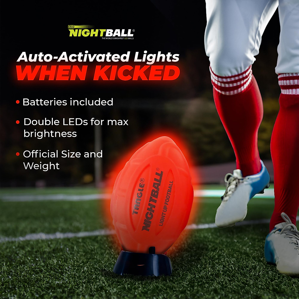 Nightball Tangle Glow in The Dark Inflatable LED Football - Light up Football with Bright LED Lights - Glow Football for Kids and Adults - Ideal Football Gifts for Teen Boys (Red)