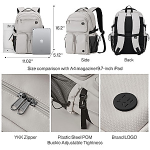 Mixi Travel Laptop Backpack, Lightweight Durable School Bookbag Men Woman 15.6" Computer Bag, Water Resistant Outdoor Hiking Backpacks with Multifunction Pockets, 17 Inch, Beige