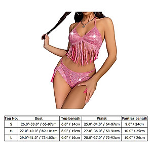 Pink Rave Outfits for Women: Music Festivals Clothes Shiny Rave Bra Crop Top with Thong Tassels Fringes Skirt Coverup Bottoms 2 Piece Lingerie Halloween Space Cowgirl Costume Cosplay Hot Pink Medium