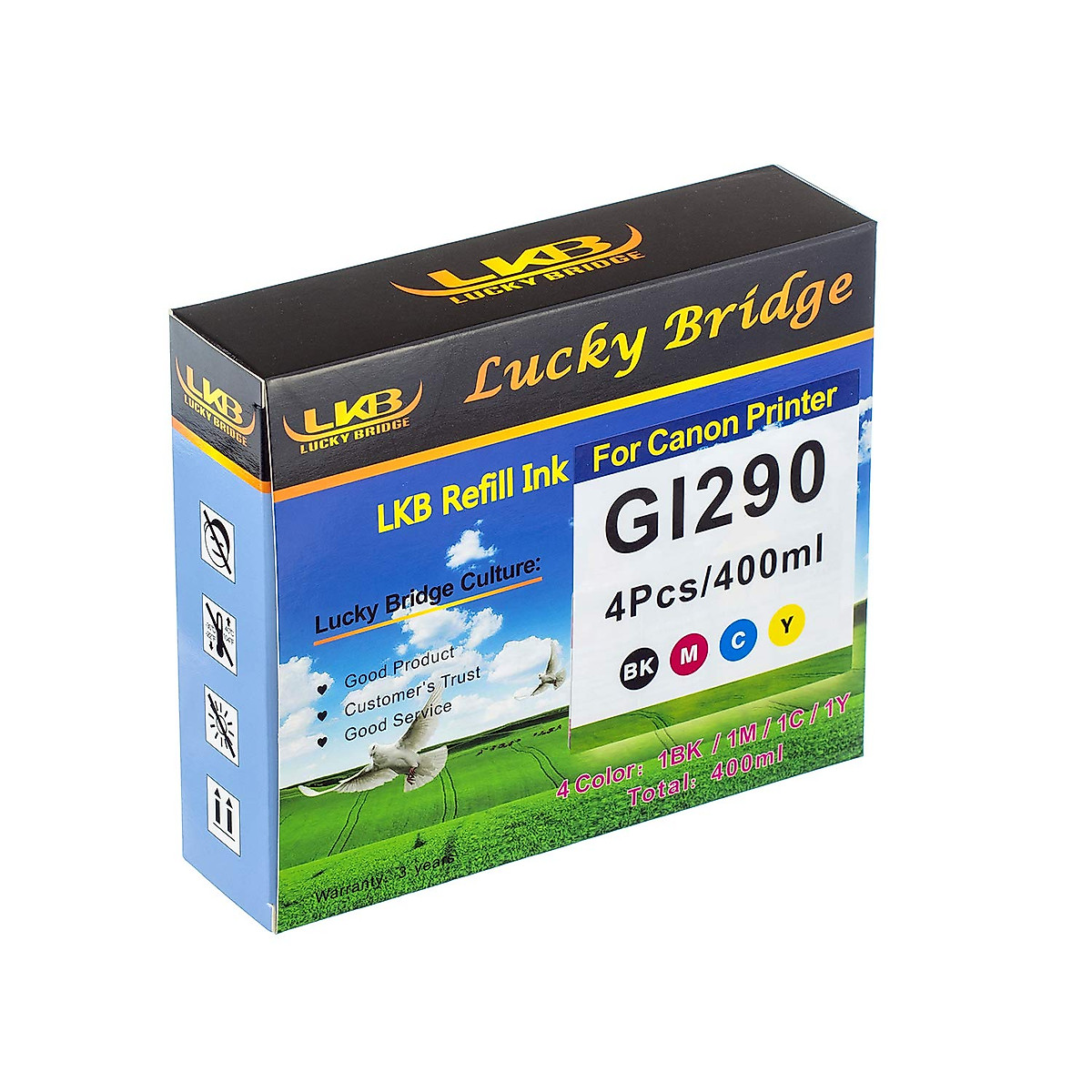 Lucky Bridge 400ml GI290 Compatible Refill Ink for GI-290 GI290 Color Ink Kit for Canon PIXMA G4200 G4210 G3200 G1200 G2200 Printer 100ml for 1BK 1M 1C 1Y(4PK=400ml)-US