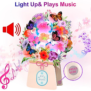 LIGHTS & MUSIC DIY Pop Up Cards, THANK YOU, BEST WISH, CONGRATS, GET WELL SOON, JUST FOR YOU, I LOVE YOU, 10'' Lily and Butterflies Flower Bouquet 3D Greeting Cards for Women Wife Mom Sister Friend