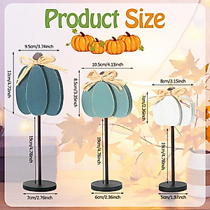 Thyle 3 Pcs Thanksgiving Pumpkin Table Centerpieces Wood Fall Table Decorations for Home Thanksgiving Tall Standing Block Autumn Harvest Sign with Bow for Home Decor(Blue, Light Blue, Grayish White)