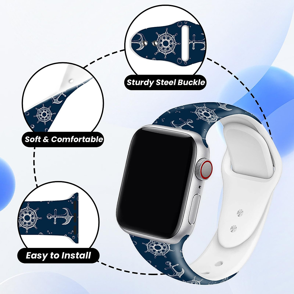 Nautical Theme Blue Anchor Watch Bands Compatible with Apple Watch 38mm 40mm 41mm for Women Men Silicone Wristbands Strap Replacement for IWatch Series SE 8 7 6 5 4 3 2 1