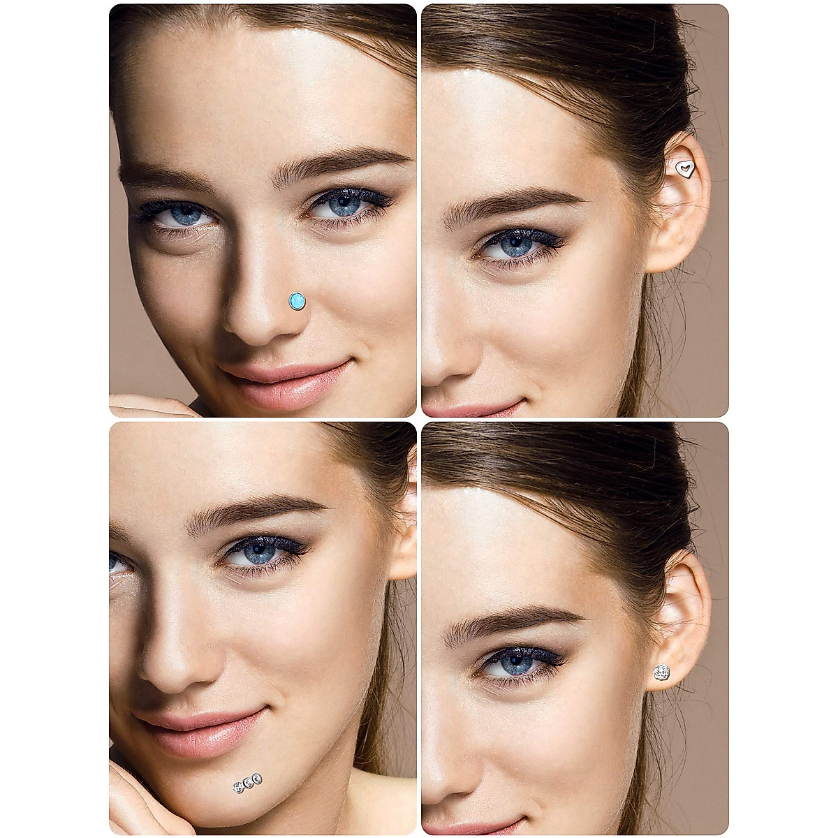 Chuangdi 16 Pieces 16 G Labret Nose Studs Piercing Lips Stainless Steel Tragus Nose Assorted Design Piercing Jewelry for Women (Silver)