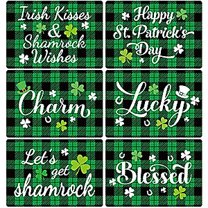 St. Patrick’s Day Placemats Set of 6 Buffalo Plaid Plastic Place Mats Lucky Shamrock Table Mats Blessed Holiday Kitchen Placemats for Indoor Outdoor St. Patrick’s Day Party Dining Table Decoration