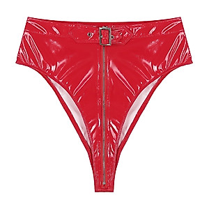 Huimingda Women's Shiny Latex Booty Shorts High Waisted Zipper Crotch Cheeky Hot Pants Sexy Brief Bottoms Red Small