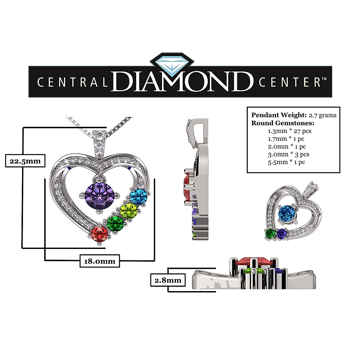 Central Diamond Center Mother & Child Heart Birthstone Necklace 1-6 Stones w/ 22" Adj. Box Chain -Silver Platinum Plated
