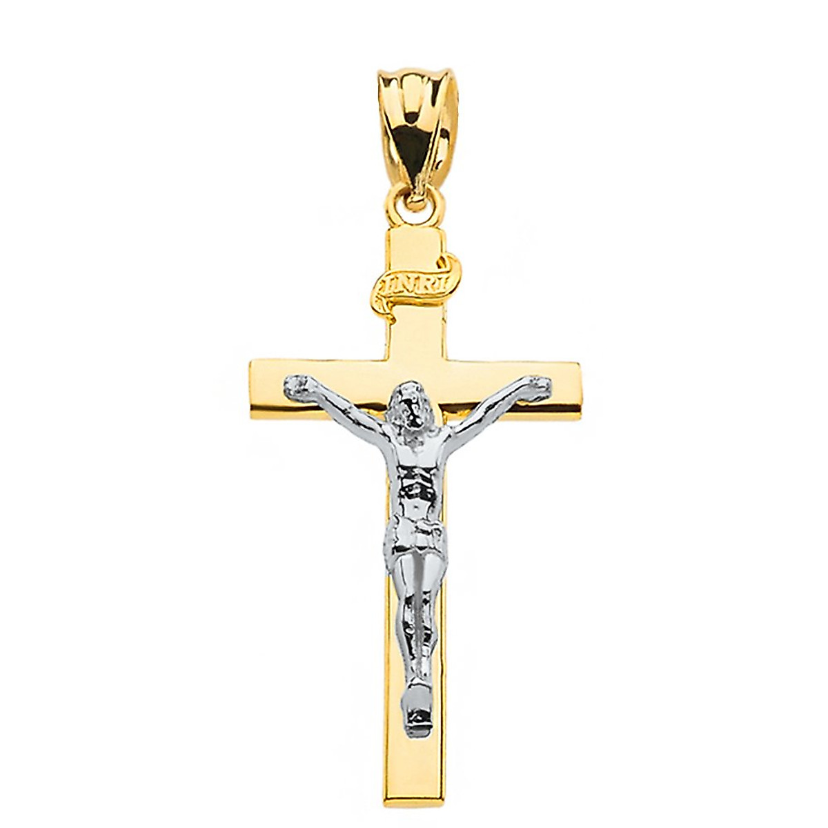 14k Two-Tone Yellow Gold Linear Cross INRI Crucifix Pendant Necklace (1.60"), 22"