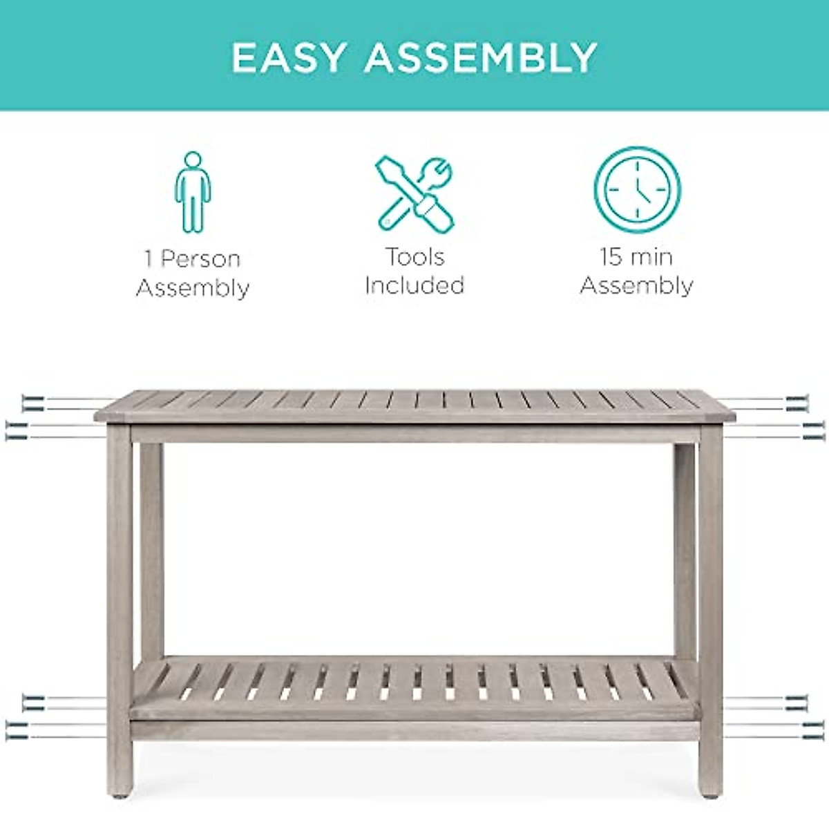 Best Choice Products 48in 2-Shelf Eucalyptus Wooden Console Table Indoor Outdoor Multifunctional Buffet Bar Storage Organizer w/Foot Sliders - Gray