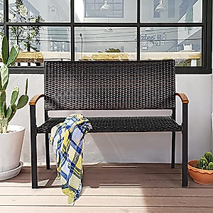 Tangkula Patio Wicker Bench, All Weather Rattan Bench w/Acacia Wood Armrest, Outdoor Loveseat Chair, Lightweight Patio Stackable Dining Bench for Front Porch, Backyard, Lawn, Garden, Pool, Deck