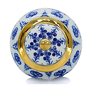 BALIOS Decor Handmade Gold Trim Blue and White Porcelain Fuchsia Flowers Ginger Jar with Lid, 9.1”H x 4.9”W, Decorative Ceramic Bud Vase for Home Décor