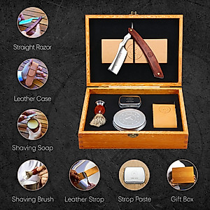 Thor Straight Razor Kit - Shave Ready Straight Razor，Straight Edge Razor，Brush，Strop + Soap, Redwood Straight Razor For Men，Japanese Stainless Steel，Mens Straight Razor Complete Kit, Great Gift