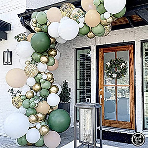 Sweet Baby Co. Sage Green Balloon Garland Arch Kit with Eucalyptus Olive, Peach, White, Gold Balloons and Greenery for Forest Safari Jungle Tropical Theme Decorations Baby Bridal Shower Birthday Party