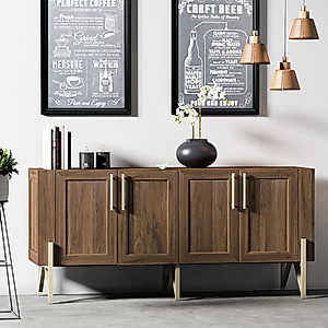 Tilly Lin 65" Mid Century Modern TV Stand, Modern Credenza Sideboard Buffet Cabinet, Walnut Media Console for Living Room, Boho Entertainment Center with Storage, Gold Metal Legs