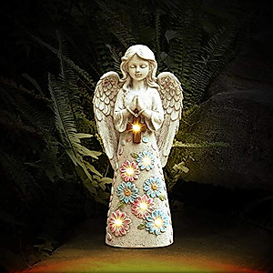 Voveexy Angel Garden Figurine Outdoor Garden Statue, Solar Garden Sculpture with 7 LEDs Welcome Sign Resin Praying Angel Art Garden Decor for Patio Lawn Yard Porch Decoration, Housewarming Garden Gift