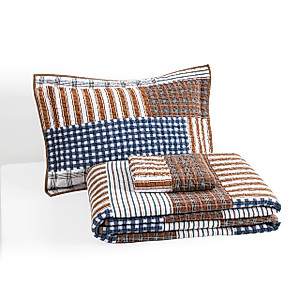 Cinefoso King Size Quilt Set, Brown Blue Striped Bedding Set, Reversible Lightweight Quilt Bedspreads for All Season, 3-Piece