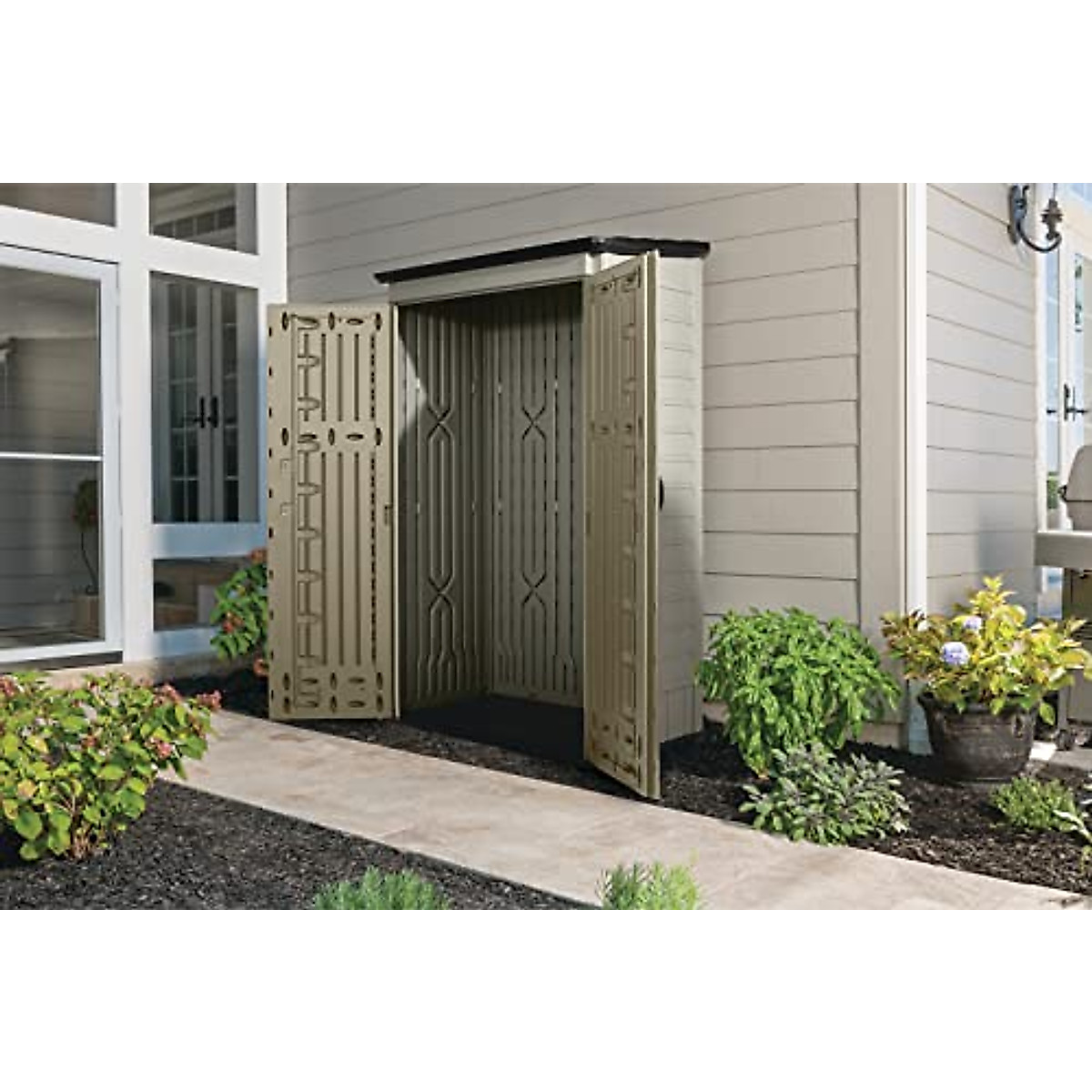 Rubbermaid Outdoor Small Vertical Resin Storage Shed, 5x2 Feet, Brown, Weather Resistant Utility Shed with Lock for Storage for Lawn Accessories/Power Tools/Outdoor Toys/Hose