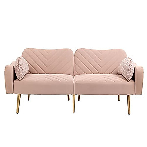 GNIXUU Small Couches for Living Room 65 inch, Mid Century Modern Velvet Love Seats Sofa Convertible Futon Bed with 2 Bolster Pillows, Loveseat Armrest for Bedroom, Apartment, Office, Pink