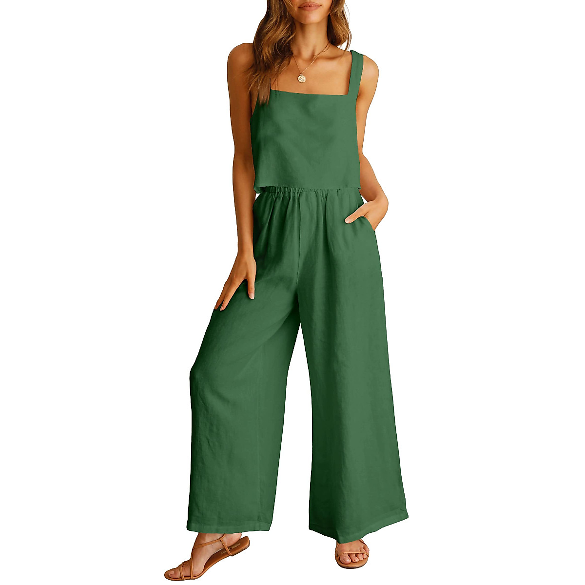 ANRABESS Women's 2 Piece Outfits Linen Pants Jumpsuit Matching Lounge Set Casual Summer Beach Vacation Trendy Clothes Grass XX-Large