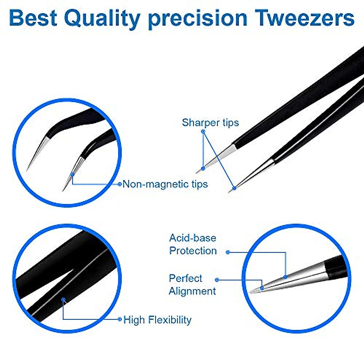 MMOBIEL 7x Precision Tweezers Set - Anti-Static Stainless Steel ESD Tweezers - For Electronics, Laboratory Work, Jewelry, Craft, Soldering and more